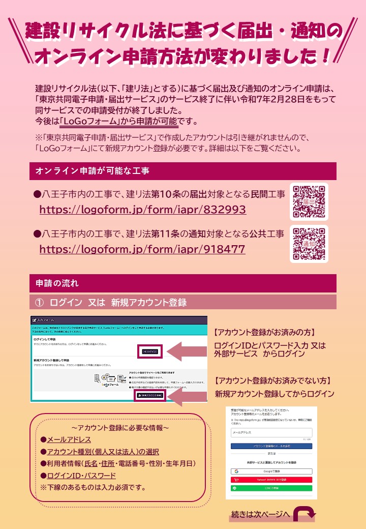 建設リサイクル法に基づく届出・通知のオンライン申請について｜八王子市公式ホームページ
